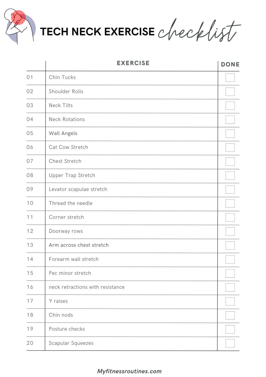 20 Effective Tech Neck Exercises (+ Free Printable Checklist) - My ...